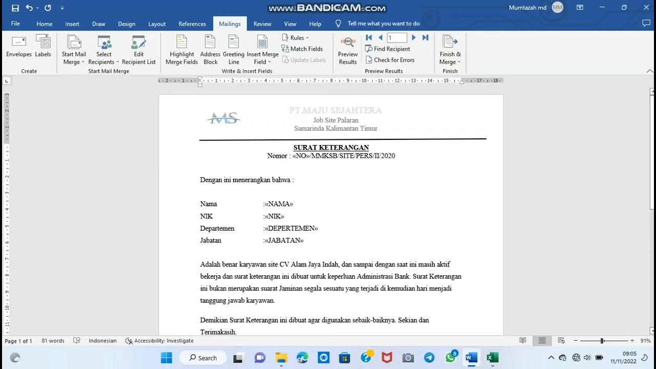 Tugas cara membuat Mail Merge Excel ke Word - YouTube