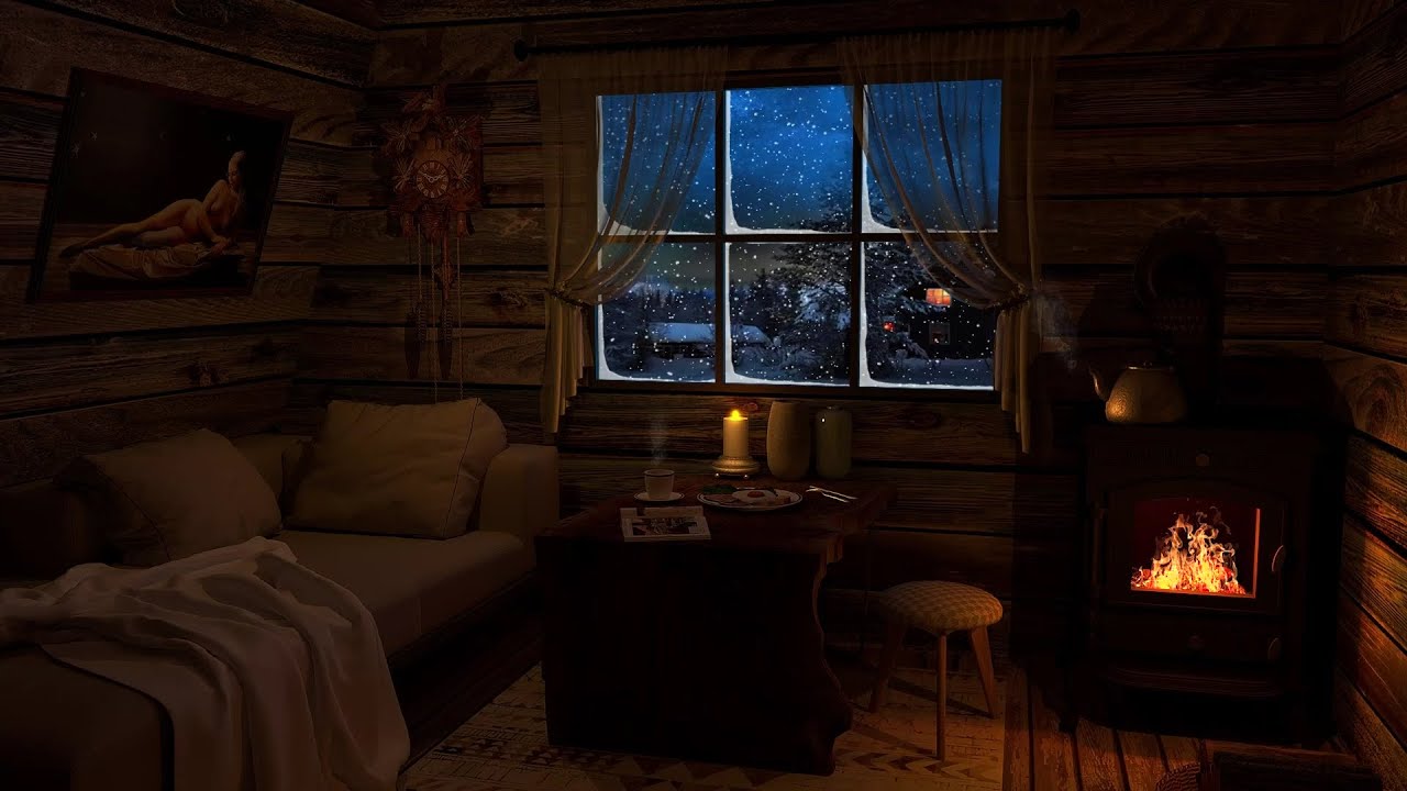 Cozy winter hut with the sounds of a blizzard and a fireplace for rest ...