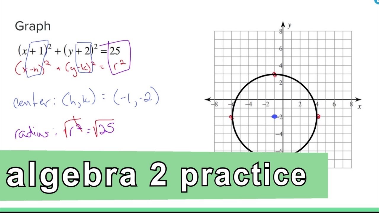 Algebra 2 Practice - Graph the Circle (x+1)^2 + (y+2)^2 = 25 - YouTube