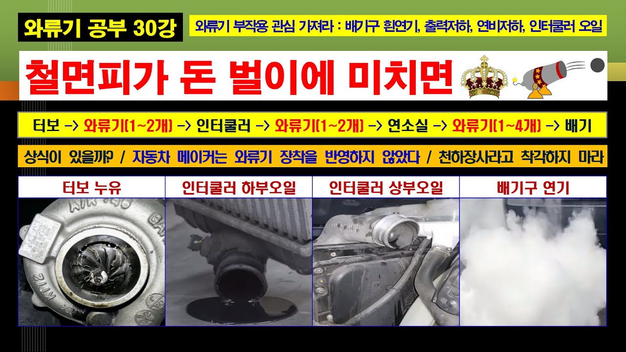 와류기 공부 30강 와류기 장착으로 엔진 박살날 수 있다 철면피가 돈벌이에 미치면 노답 흰연기 출력저하 연비저하 인터쿨러 오일 화물차 차주에게 사기치면 가정
