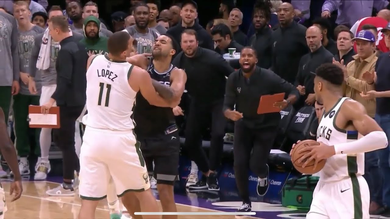 Trey Lyles pushes Giannis - Brook Lopez gets in his face, both get ejected || 22-23 season - YouTube