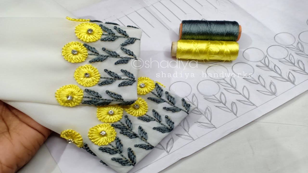 Very easy hand embroidery sleeve design with long french knot|silk ...