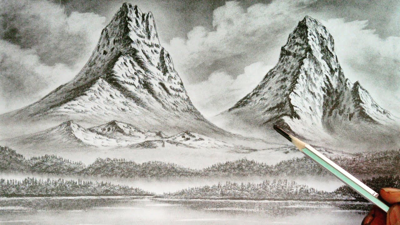 Mountains landscape scenery drawing by pencil// Pencil sketch drawing ...