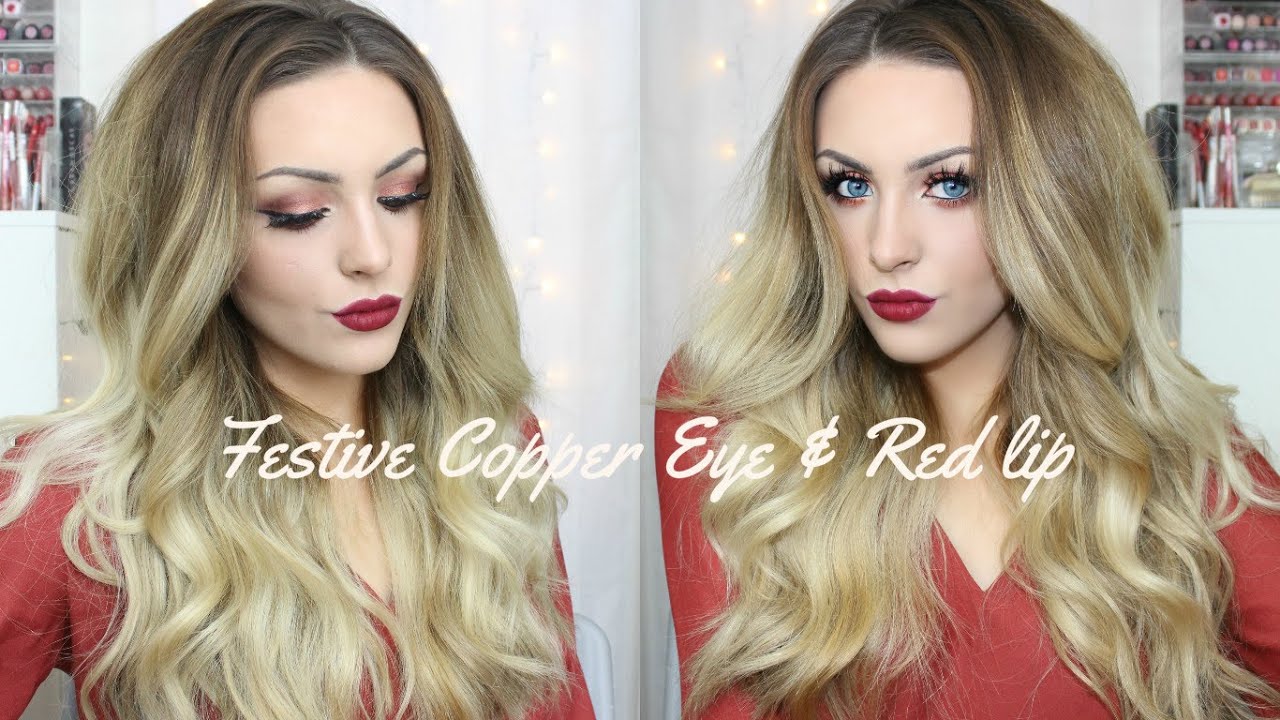 Festive Copper eye look + Red lips - YouTube