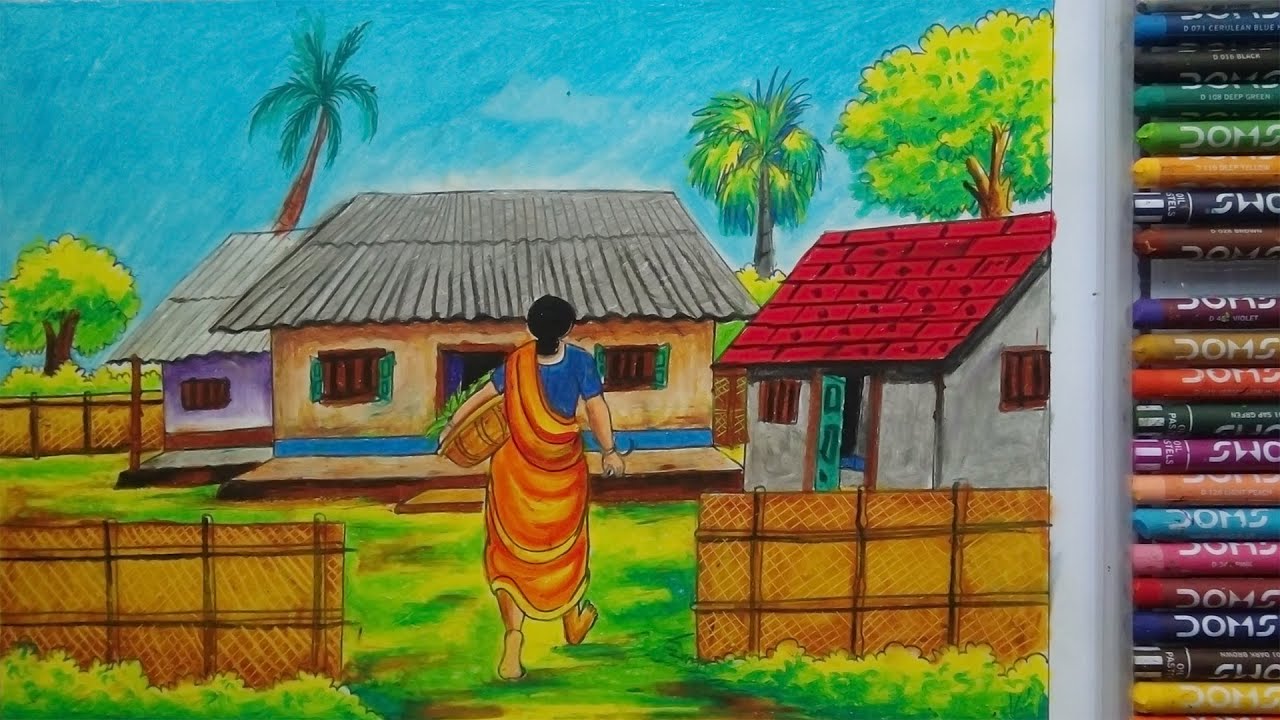 HOW TO DRAW A VILLAGE SCENERY STEP BY STEP || VILLAGE SCENE DRAWING FOE ...