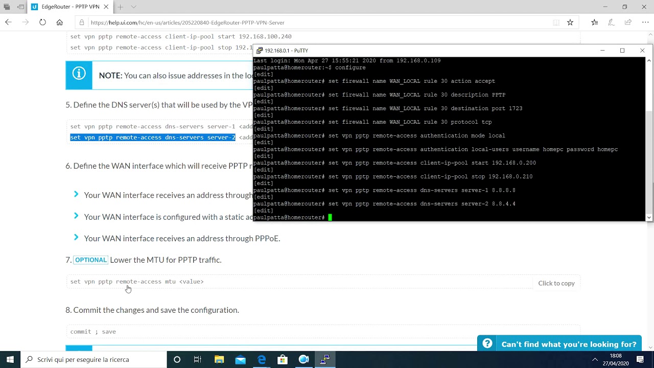 Vpn PPTP server Edgerouter 4 - YouTube