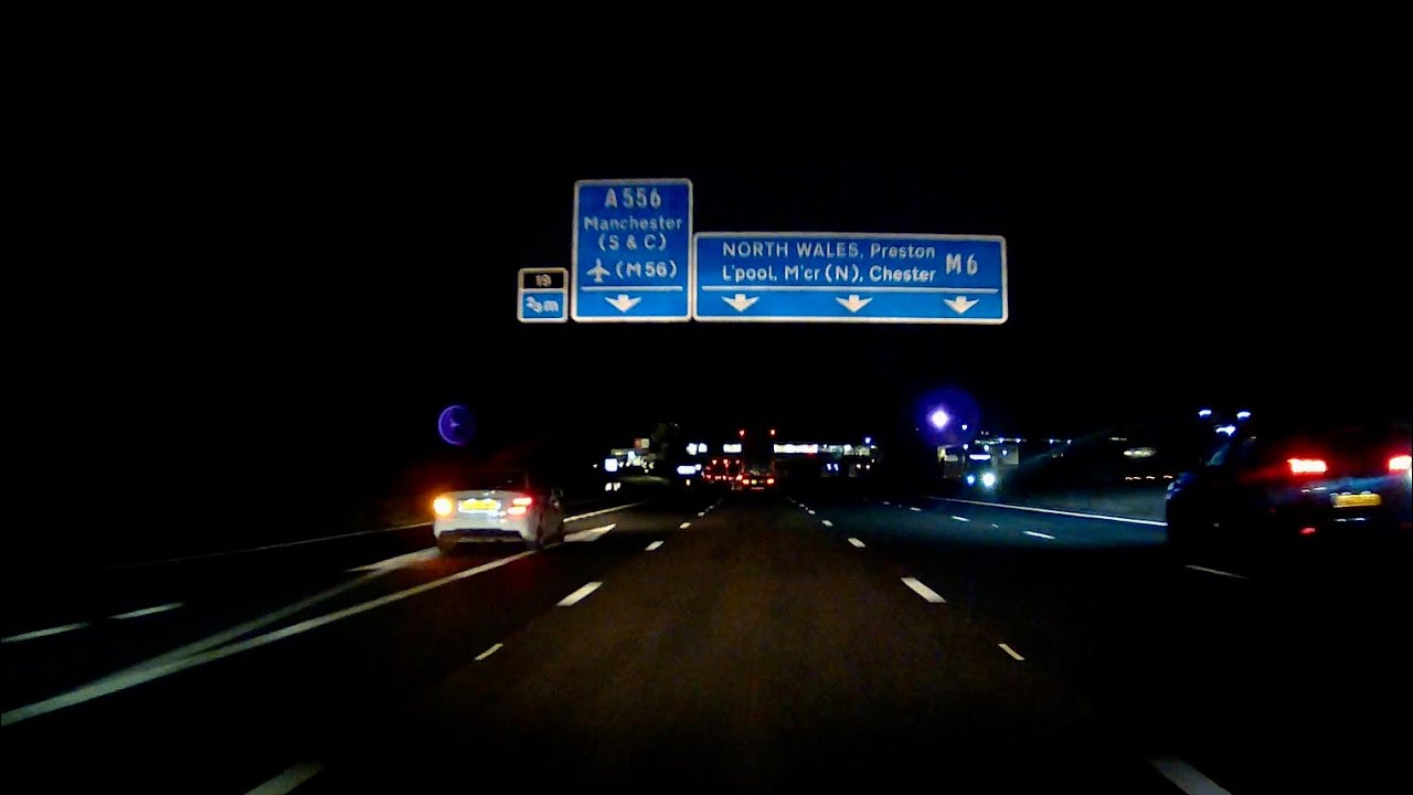 M6 motorway at night, J16 Barthomley Interchange to J20 Lymm, Cheshire ...