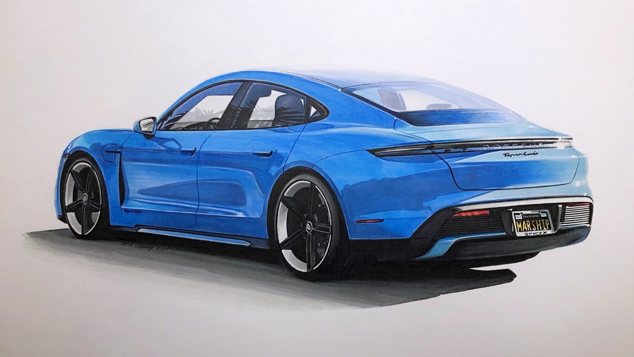 Drawing a Porsche Taycan Turbo in blue - YouTube