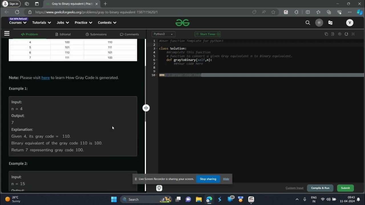 Gray to Binary equivalent GFG POTD Python Solution geeks for geeks problem of the day - YouTube