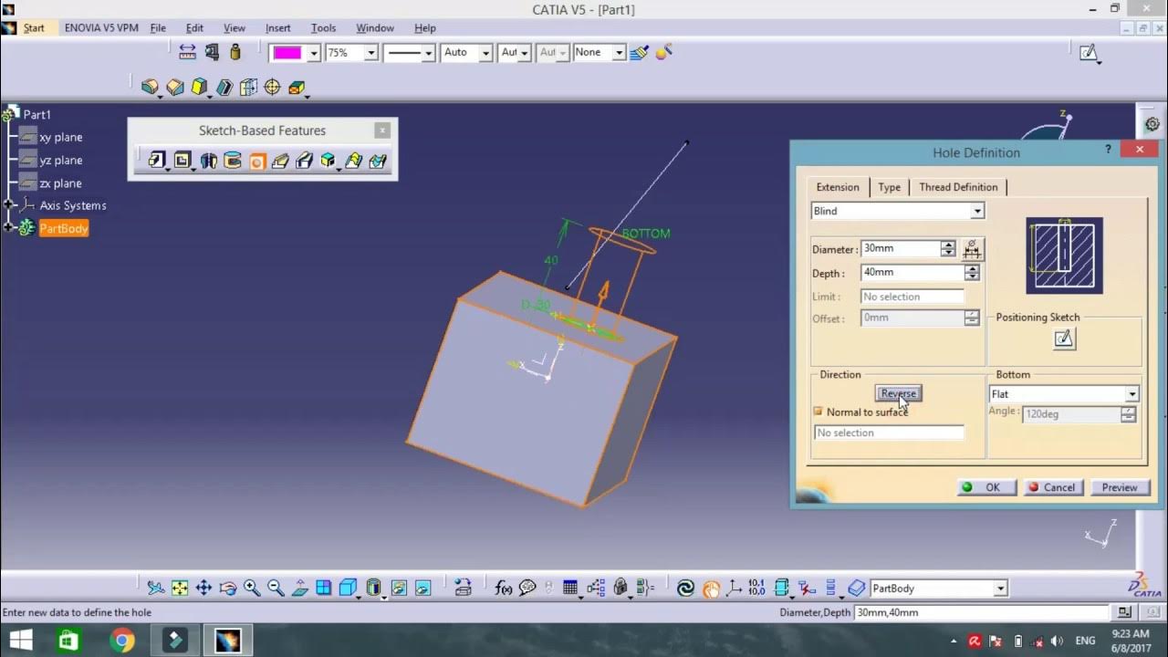 Catia V5 Tutorials| PART DESIGN| HOLE command - YouTube