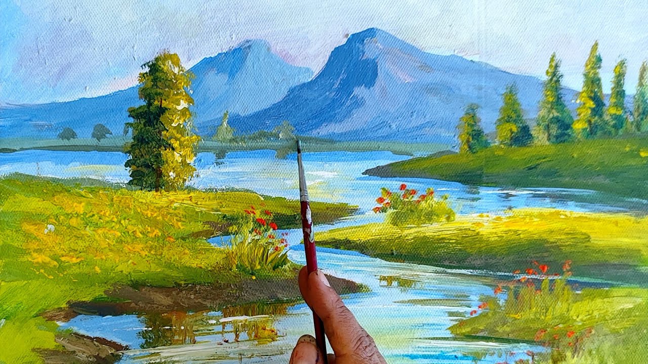 Landscape painting with acrylic technique Spring day: quick landscape ...
