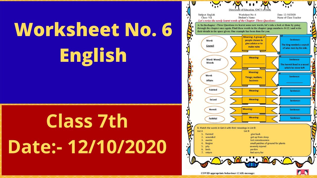 Worksheet 6 English class 7 (12/10/2020) / English class 7/ English ...