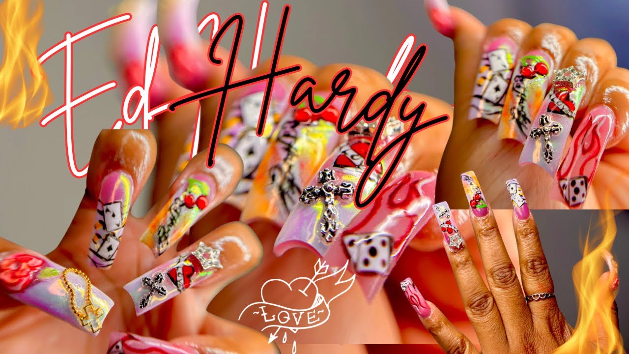 ED HARDY NAILS ♥️ | HOW TO NAIL DECALS | ACRYLIC NAIL TUTORIAL - YouTube
