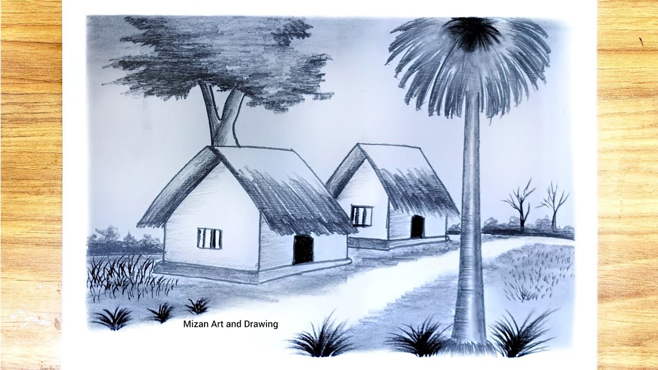 How to Draw a scenery of village / Gramer dissho Drawing easy / pencil ...
