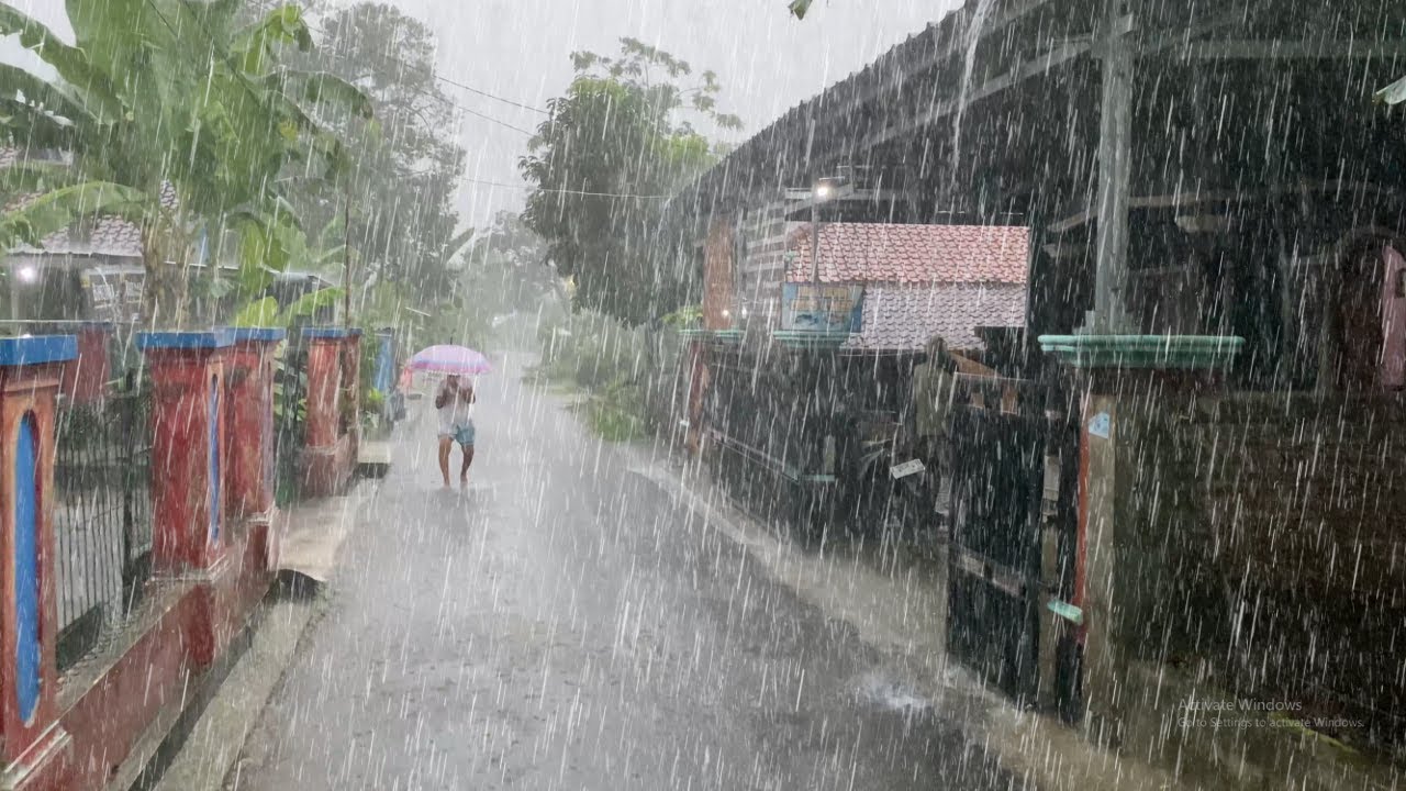 Walking During Super Heavy Rain and Rumbling Thunder in Rural Indonesia ...