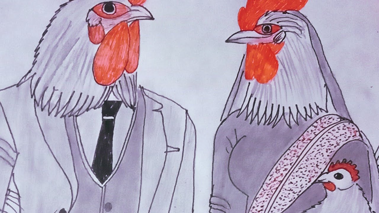 how to draw a cocks family/mother han with chick child/guriya pencil ...