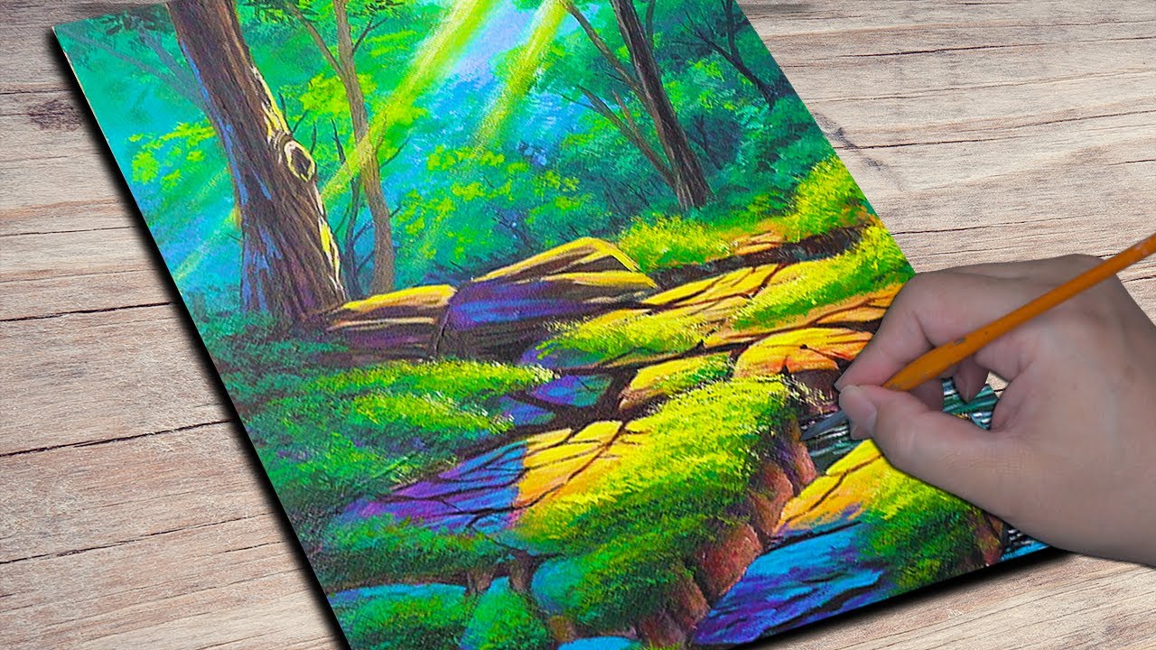 Simple drawing method for a sunrise in the forest | Acrylic painting ...