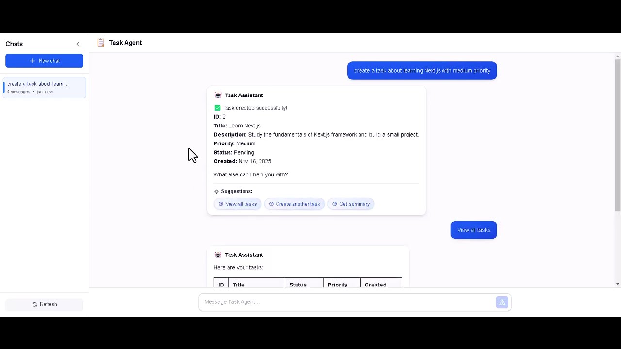 AI Task Agent: Next.js Chat Interface Demo | Create, List & View Tasks ...