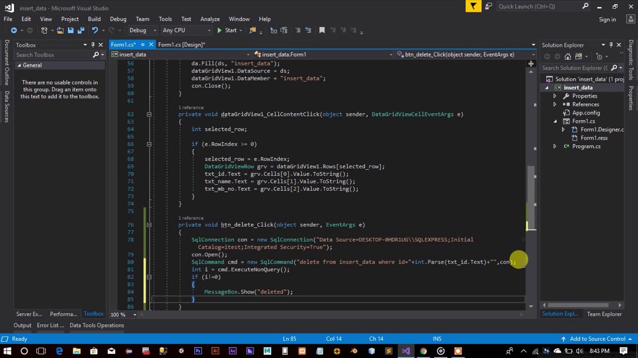 c# windows form for delete text box and datagridview selected data ...
