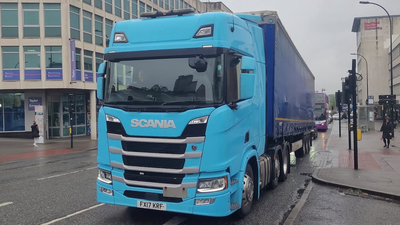 Nice blue Scania R450 passing through Sheffield this morning - YouTube