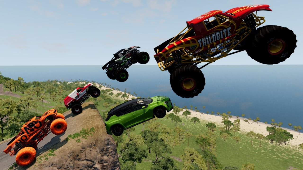 Monster Jam Trucks Racing Stunts Jumps and Crushing - BeamNG Drive ...