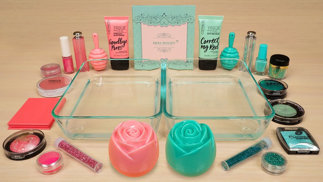PINK vs. MINT ! Slime Coloring and Mixing with Makeup ! ASMR Satisfying ...