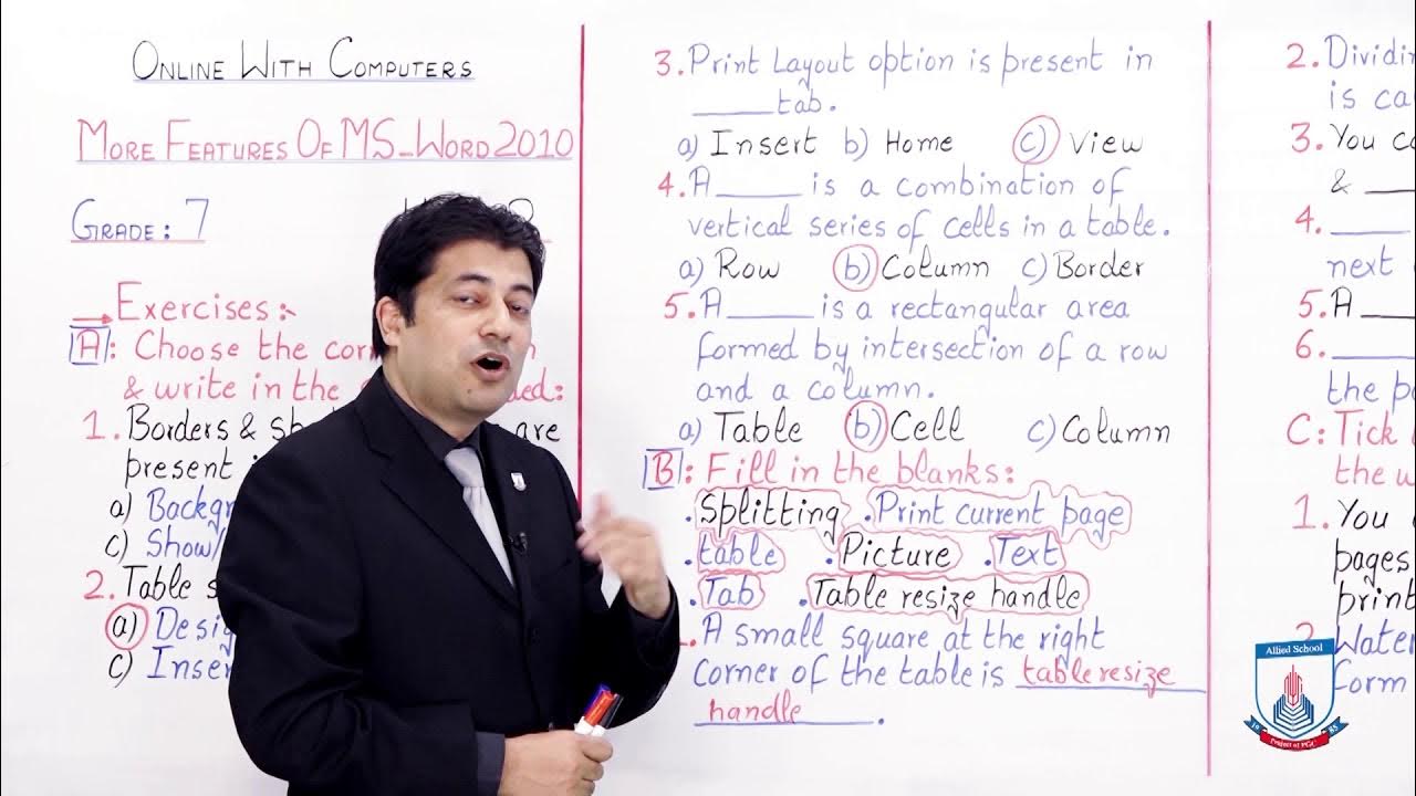 Class 7 - Computer Studies - Chapter 2 - Lecture 3 Exercises: A, B and C - Allied Schools - YouTube