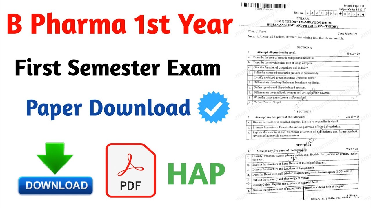 B pharm HAP Exam paper 2021-22 First semester exam paper Human Anatomy ...