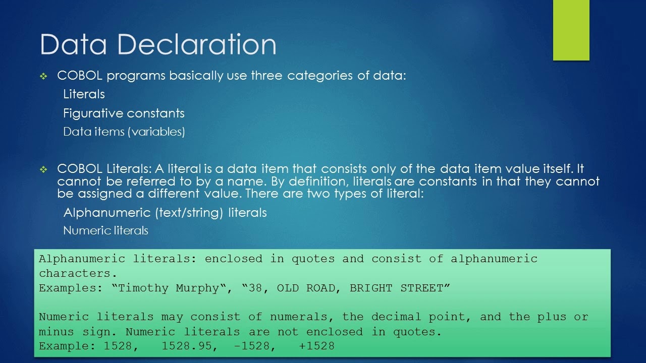 Data Declaration In Cobol Literals Variables Youtube 7984