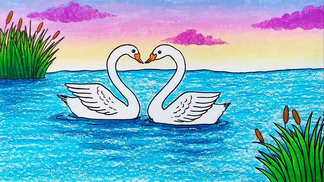 Cara menggambar angsa || Menggambar pemandangan angsa di sungai - YouTube