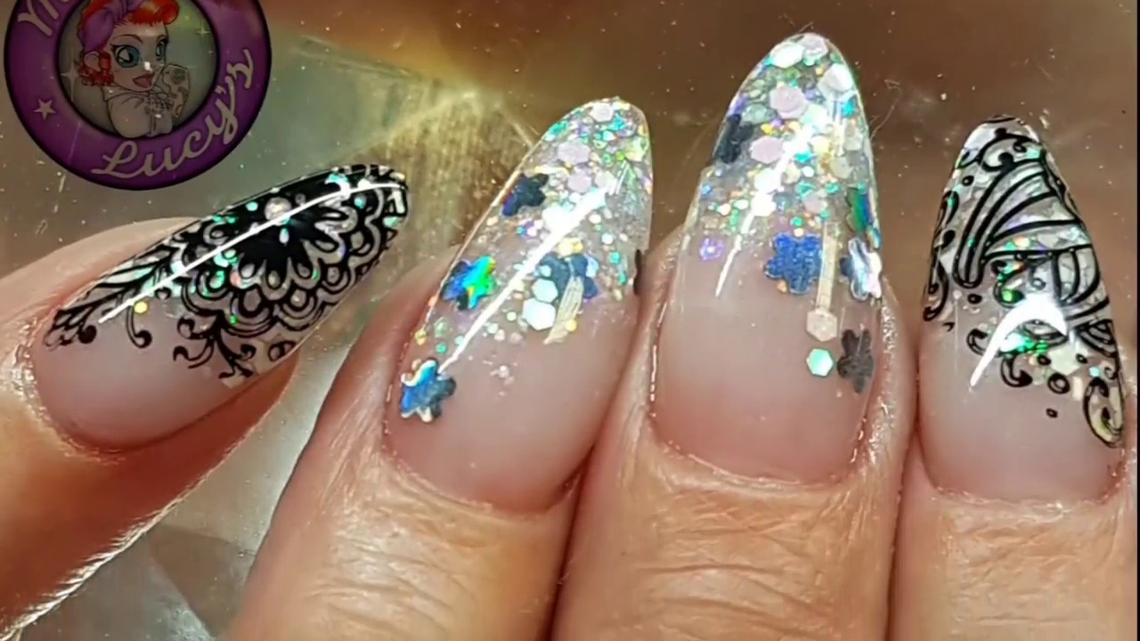 Acrylic nails with embedded glitter and stamping - YouTube