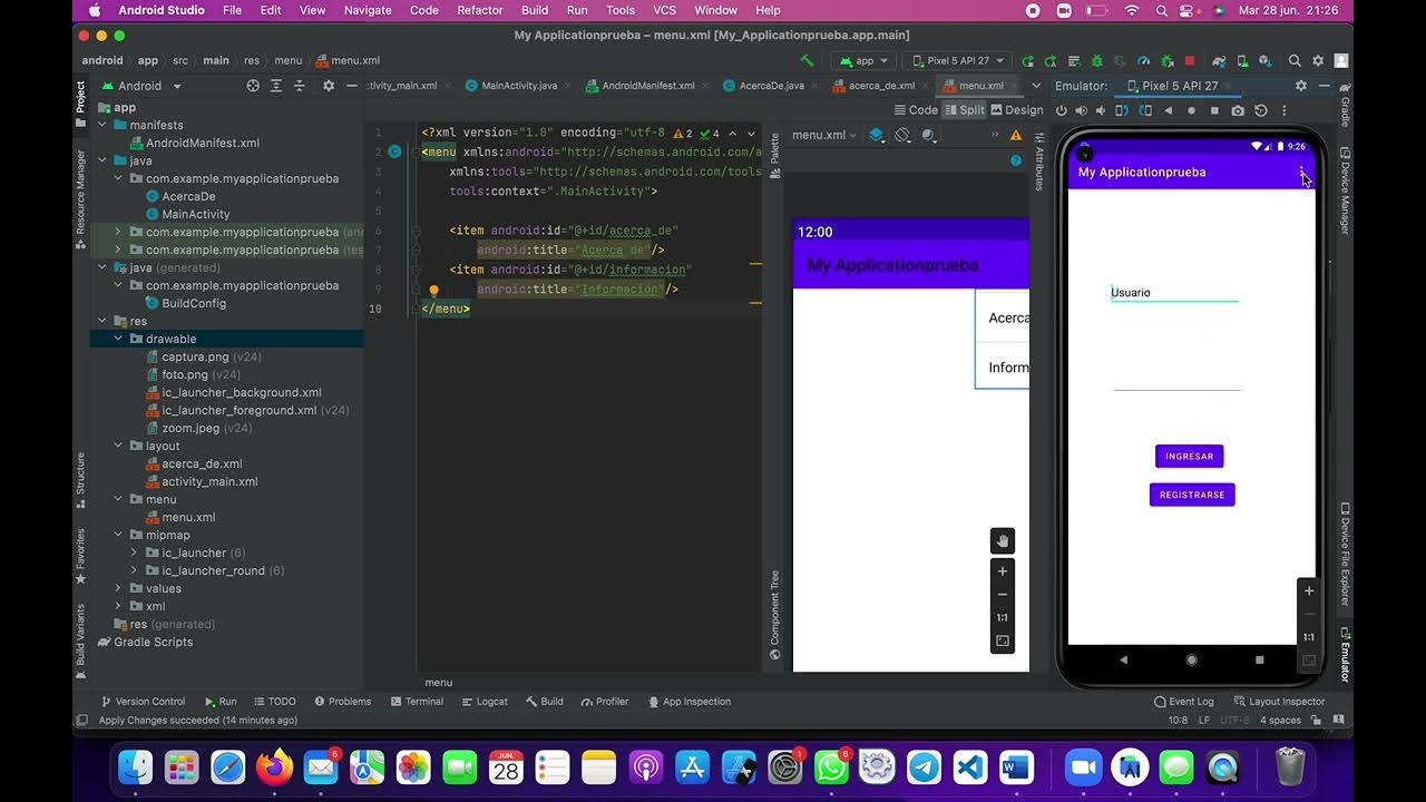 Creación de Menu en Android Studio - Ejecución. Grupo #4 - YouTube
