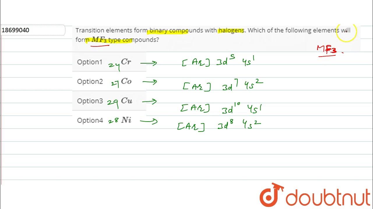 Transition elements form binary compounds with halogens. Which of the following - YouTube