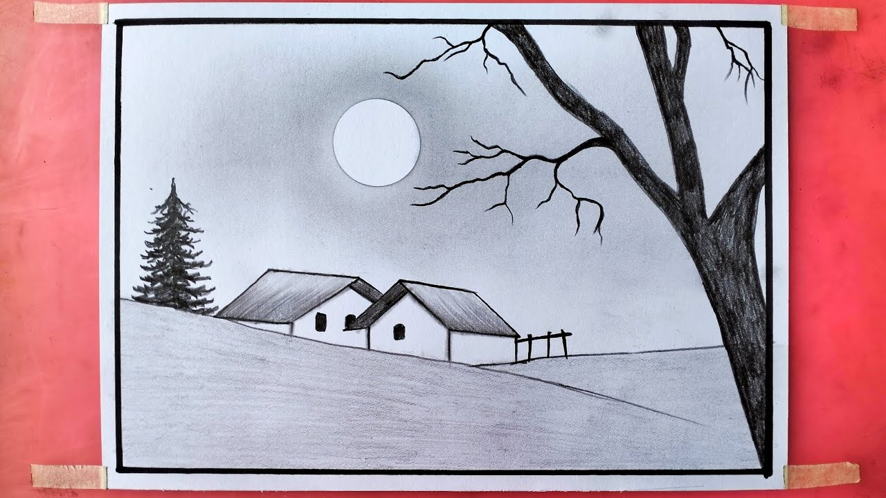 How to Draw Scenery of moonlight Night Scene - Pencil drawing Easy ...