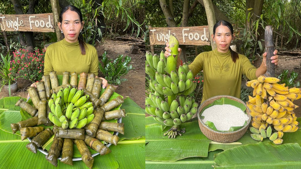 Steamed sticky rice cakes with banana - Banana rice cake recipe - YouTube