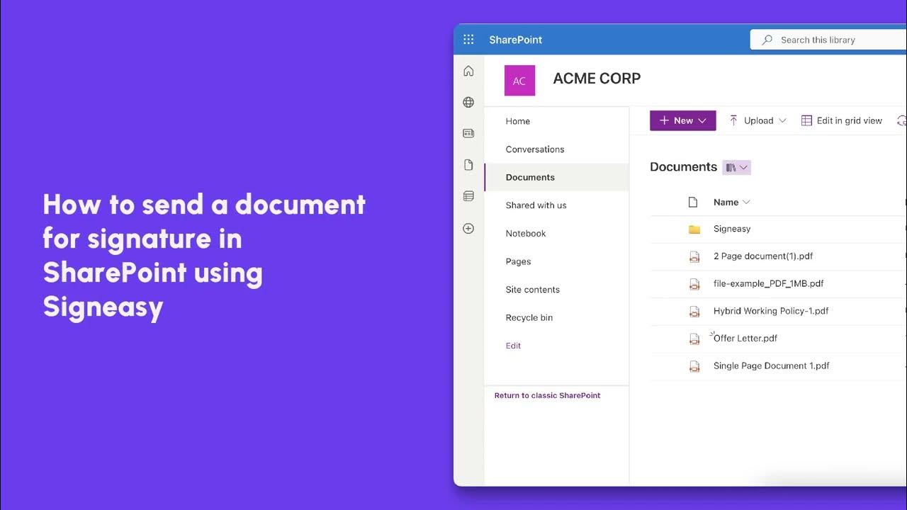 How to send a document for signature in SharePoint using Signeasy - YouTube
