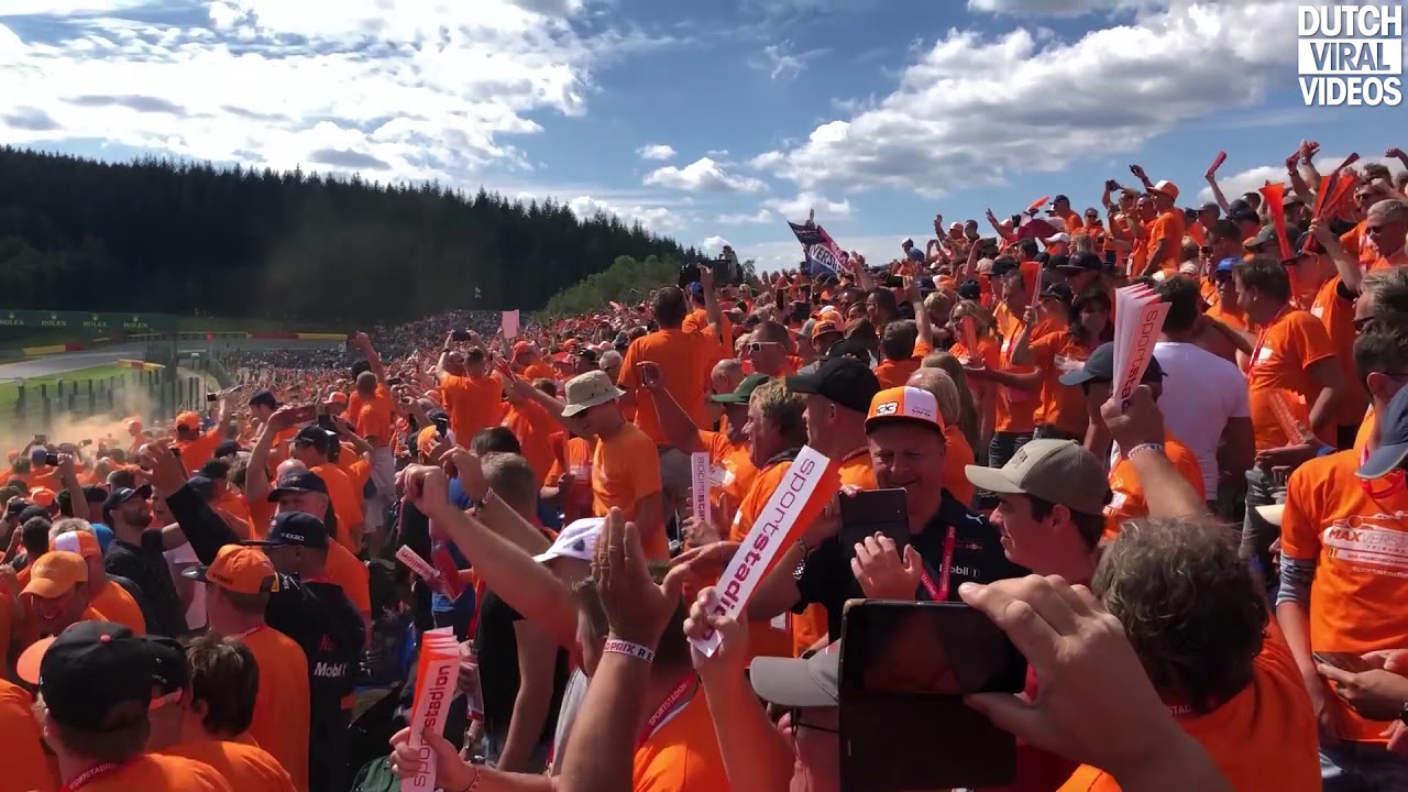 Dutch supporters go from left to right at the GP in Spa - YouTube
