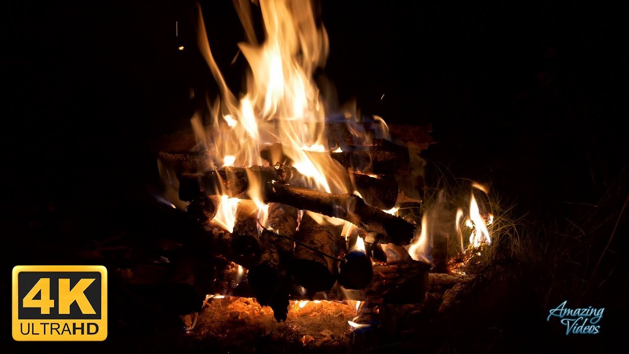 Relaxing virtual Campfire at night near river with crackling ambient ...