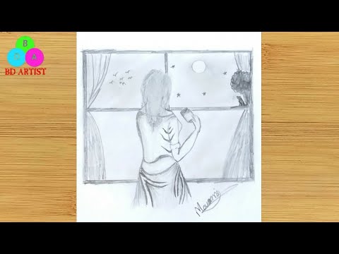 How To Draw A Girl Sitting Alone In Moonlit Night || Pencil sketch ...
