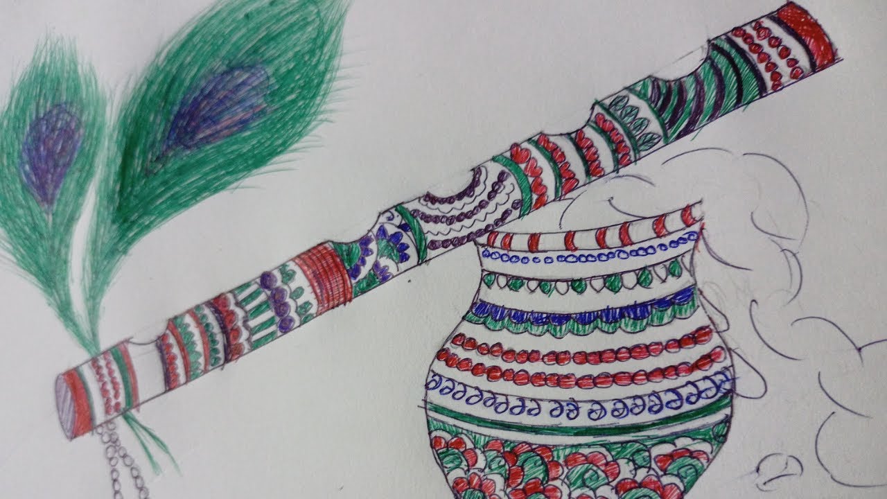 how to draw a flute ! matka! makhan! more pankh! Krishna favourite ...
