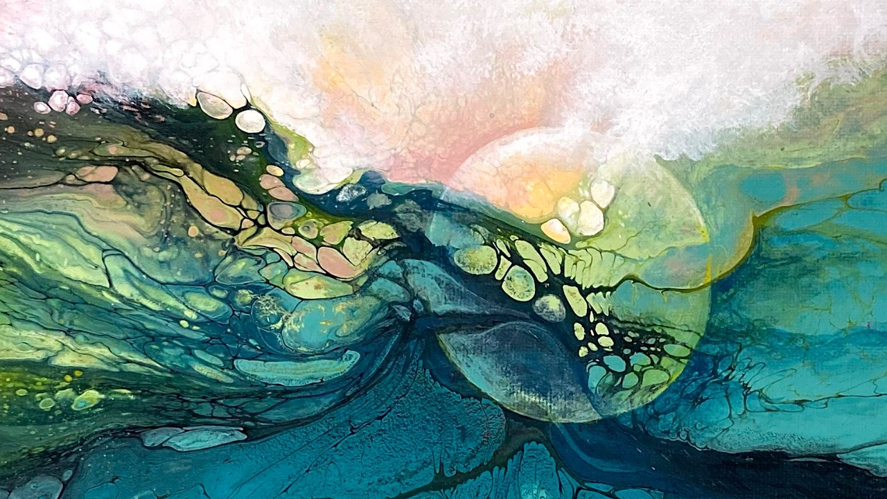 Abstract Landscape Acrylic Pour with Hair Dryer – Stunning Pearl Cells ...