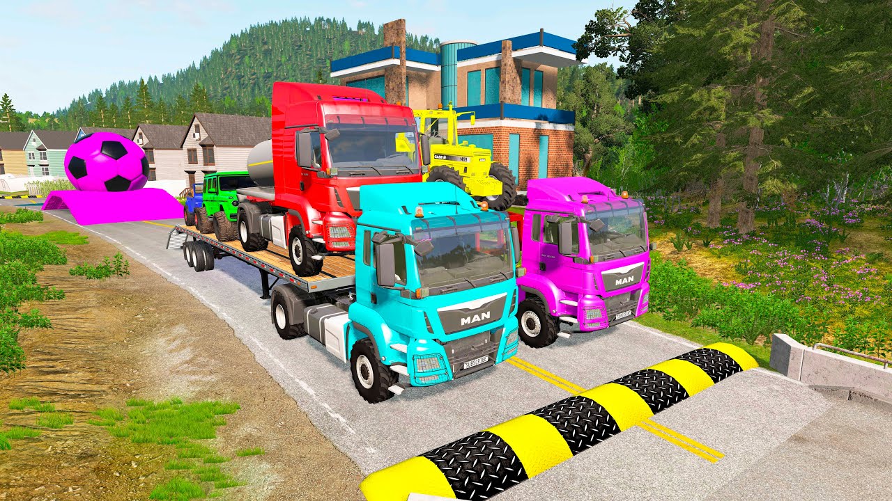 Double Flatbed Trailer Truck vs Speedbumps Train vs Cars | Tractor vs ...