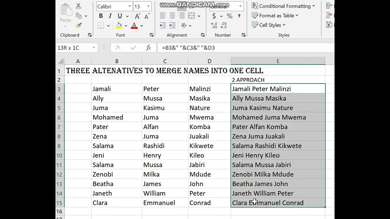 How to merge names from different cell, Three simple approaches - YouTube