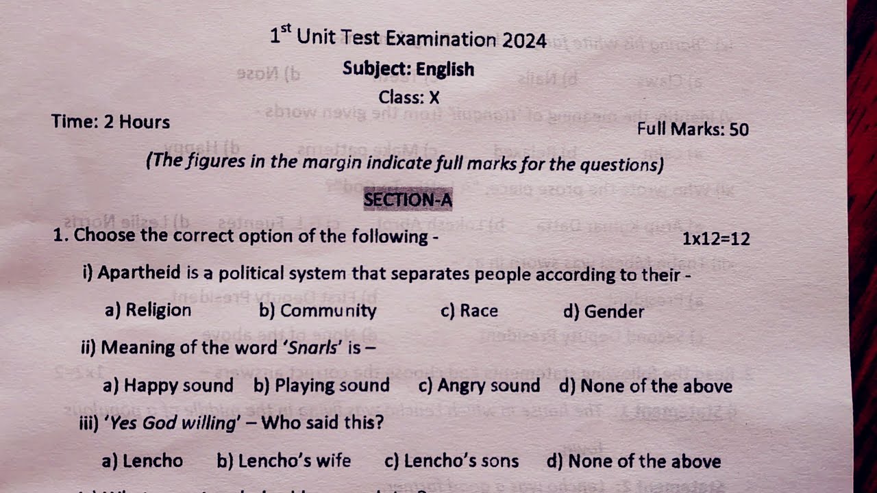 1st Unit Test Exam 2024 English Question Paper Grammar Solution - YouTube