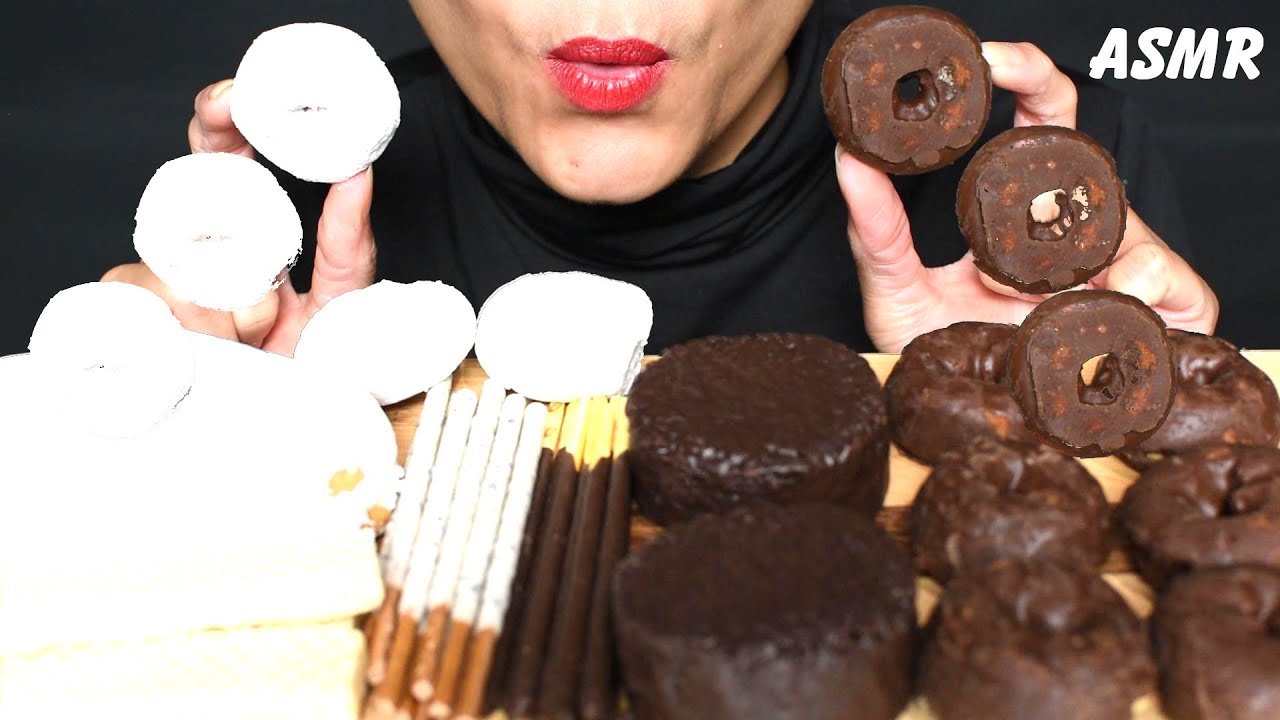ASMR WHITE AND BROWN FOOD *MINI DONUT, POCKY, CAKE, DING DONGS EATING ...