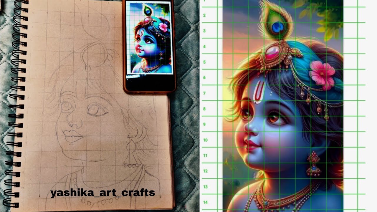 how to make grid|| bal Krishna step by step tutorial| colour pencil ...
