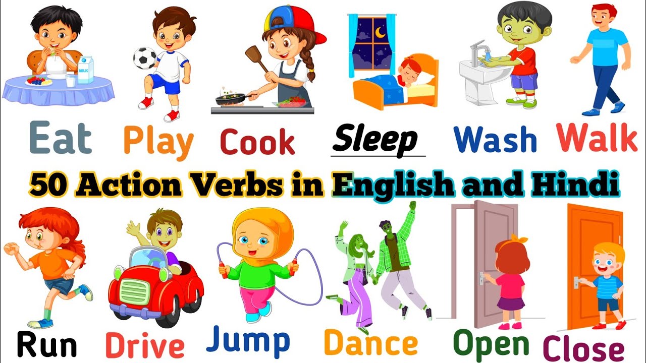 Action verbs vocabulary || Action verbs name in English and Hindi (100 ...