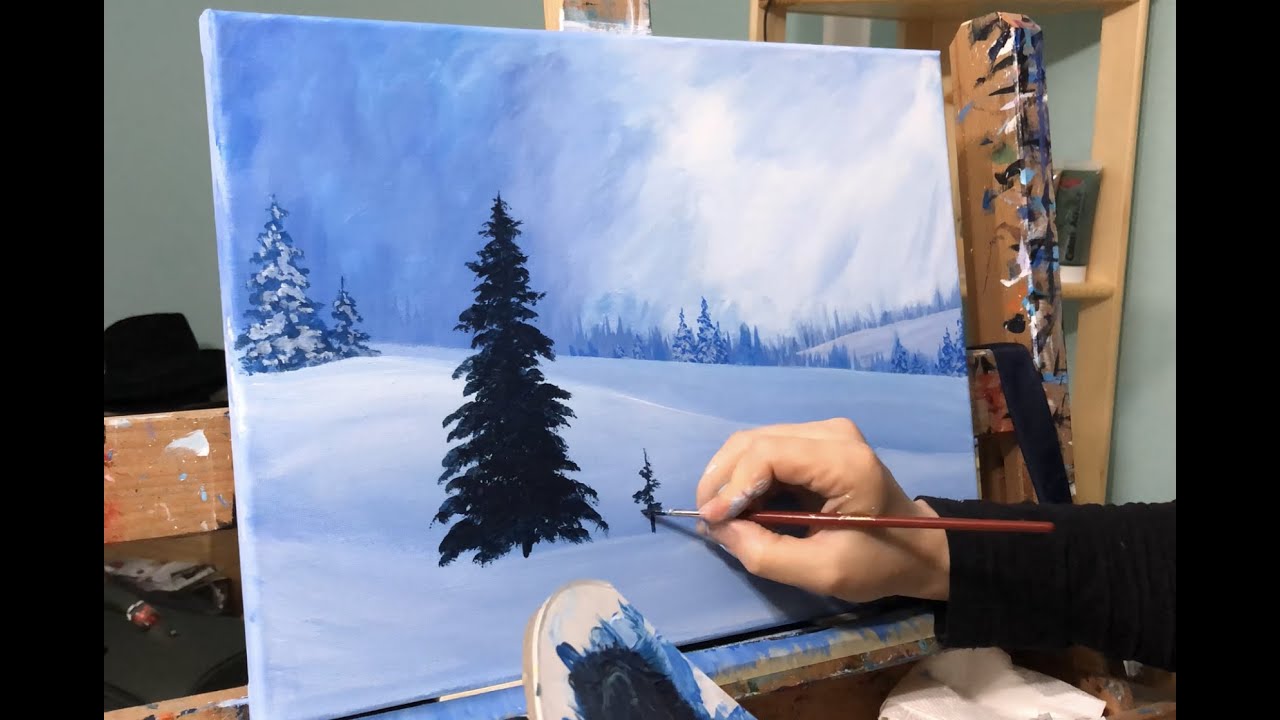 Winter Landscape Snow Covered Pine Trees | Acrylic Painting Time lapse video - YouTube