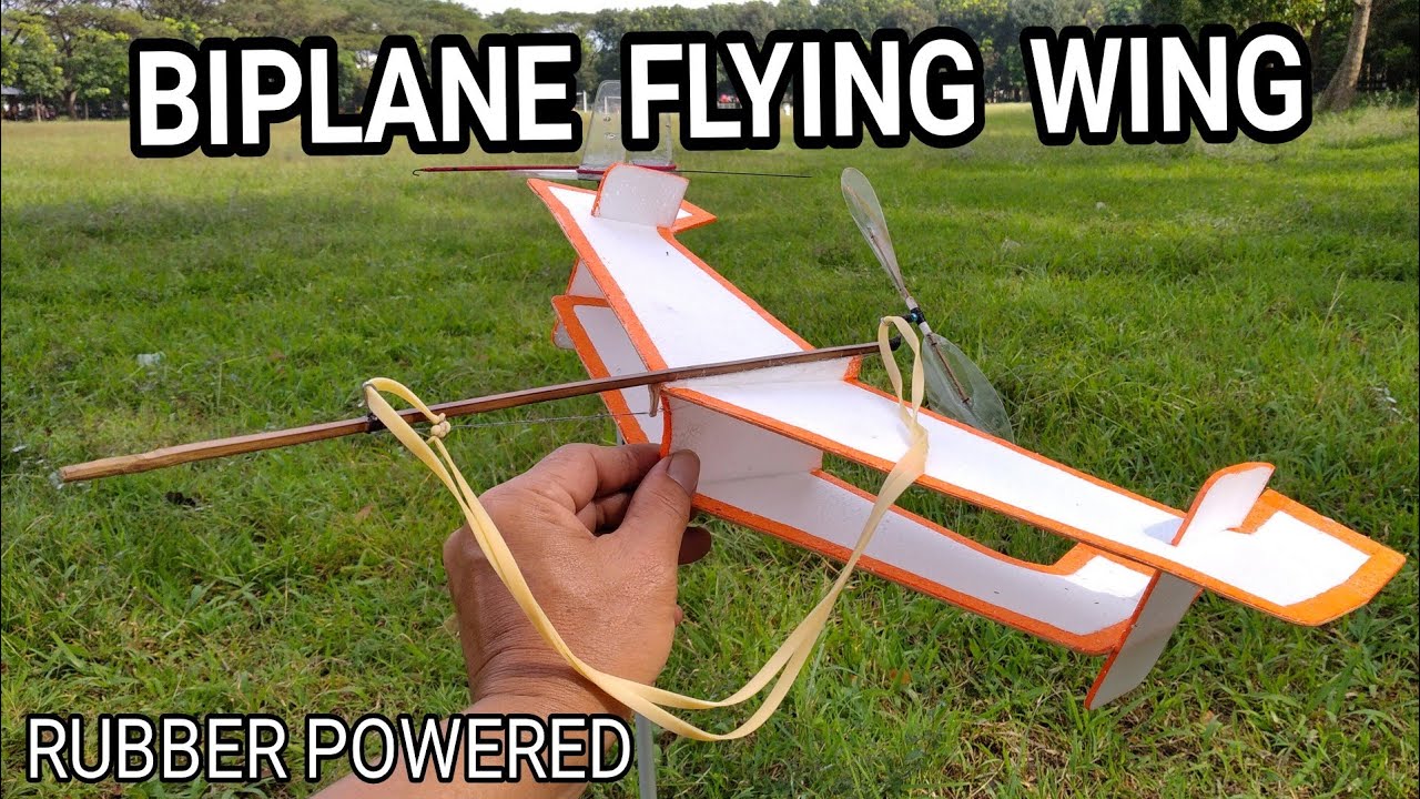 Build a biplane flying wing rubber powered_pesawat tenaga karet - YouTube