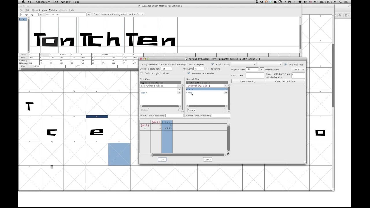 Class based kerning in FontForge at 2013-02-21 - YouTube
